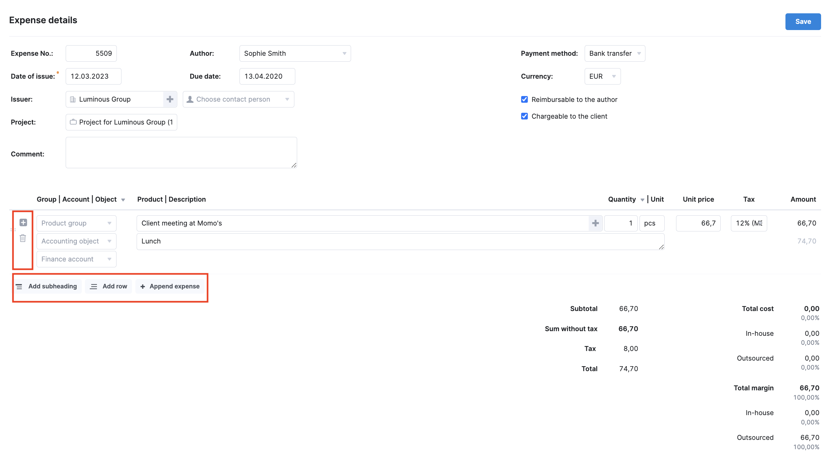 Adding and modifying an expense – Scoro Help Center