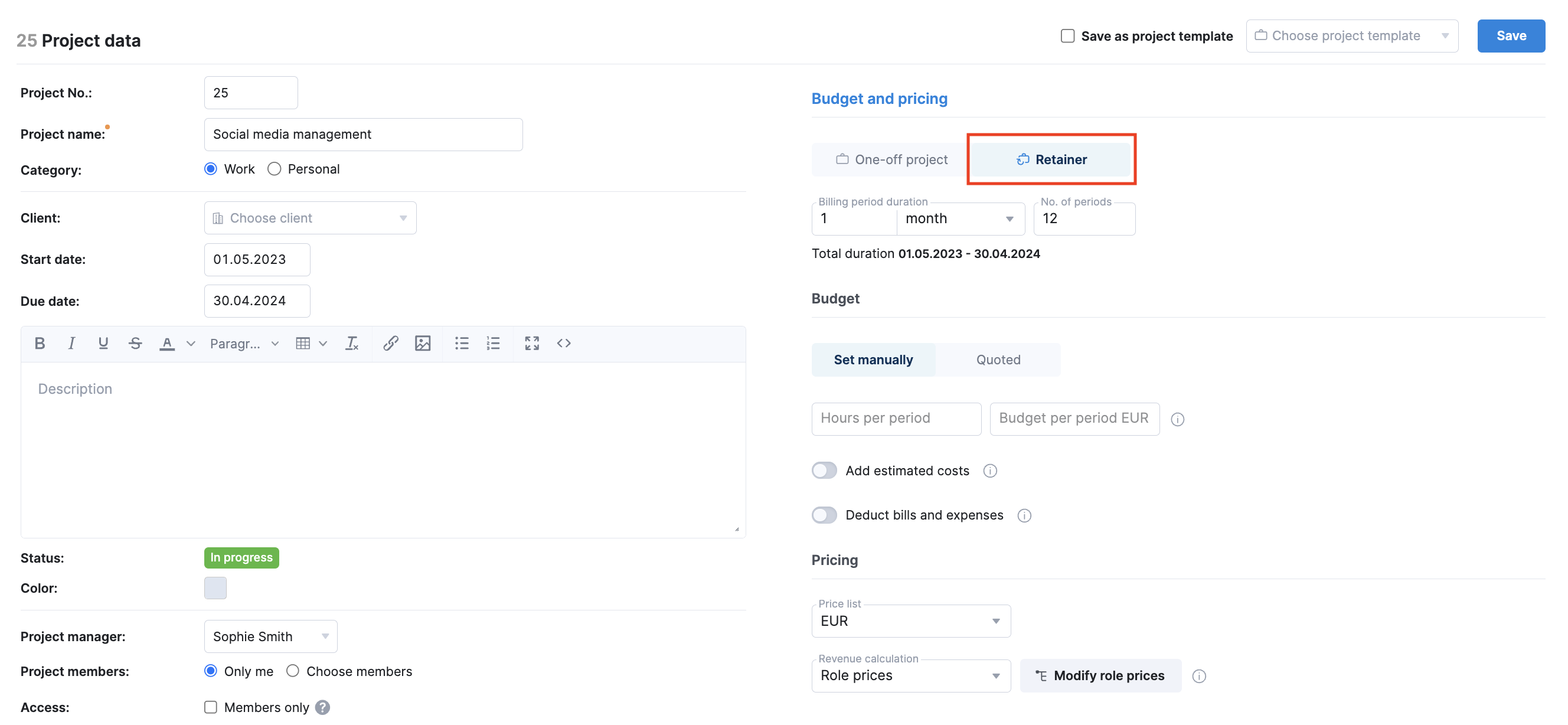 Managing retainer agreements – Scoro Help Center