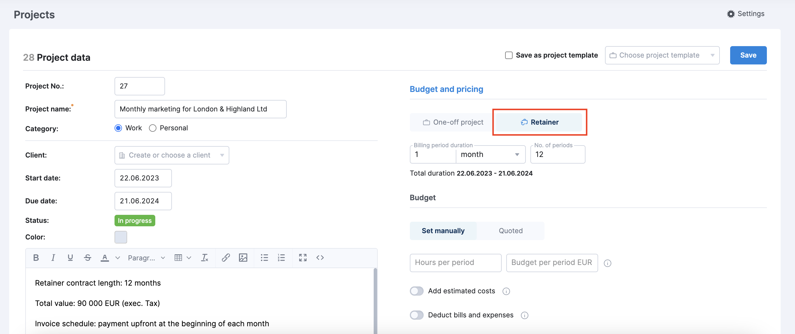 Managing retainer agreements – Scoro Help Center