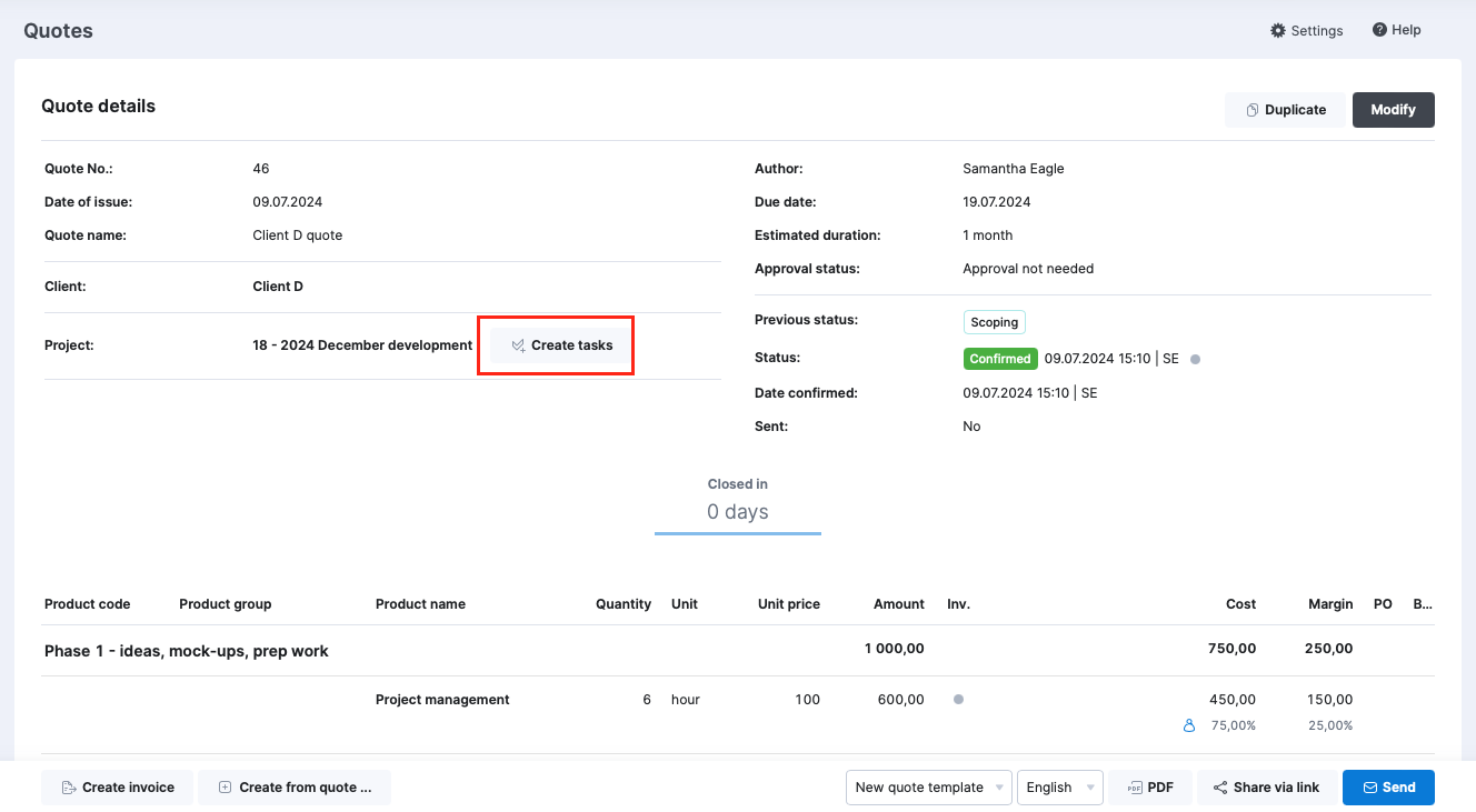 Turning quote subheadings into project phases – Scoro Help Center